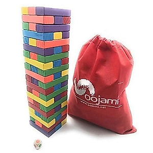 Oojami Wooden Tumbling Timber Toppling Stacking Board Games Building Blocks for Kids - 60 Pieces with Storage Bag Color Match Play Sets for Kids and Families