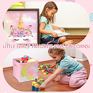 Geetery 8 Pack Cube Storage Bin 11 x 11 Inch Fabric Foldable Storage Organizer with Handles for Kids Toy Box Cube Baskets for Home, Kids Room, Closet, Nursery Room, Bedroom (Pink,Unicorn)