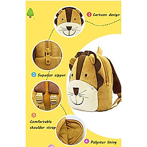 Ladyzone Toddler Backpack Zoo Animals Backpacks Cute Plush Bag Cartoon 10" Preschool Book Bag For 2+ Years Girls Boys (Lion)