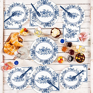 96 PCS Floral Blue & White Flower Party Tableware Set Disposable Party Supplies Decorations Bridal Birthday Baby Shower Tea Spring Summer Dinnerware Decor for Men Women Plates Napkins Forks Serve 24
