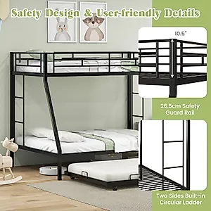 Giantex Twin Over Full Bunk Bed with Trundle, Heavy-Duty Metal Triple Bunk Beds w/Two Side Ladders & Safety Guard Rail, 3 in 1 Bunk Beds for Kids Teens, No Box Spring Needed, Black