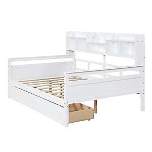 Harper & Bright Designs Full Daybed with Storage, Wooden Full Size Bed Frame with Bookcase Headboard and 2 Drawers, Full Sofa Bed with Shelves for Living Room Bedroom, No Box Spring Need, White