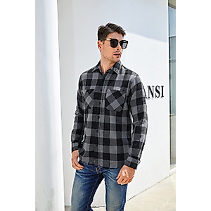 Damipow Flannel Shirt for Men Button Down Long Sleeve Shirts Plaid Flannels Men Shirt,Grey,L