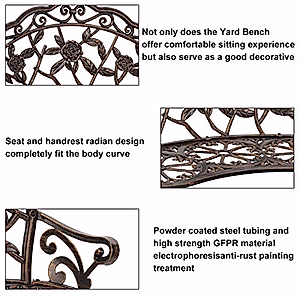 Patio Garden Bench Outdoor Metal Rose Loveseat,39in Cast Iron Well-Crafted Floral Back Antique Finish Park Chair,Accented Lawn Front Porch Path Yard Bronze Decor Deck Furniture for 2|Easy Assembly