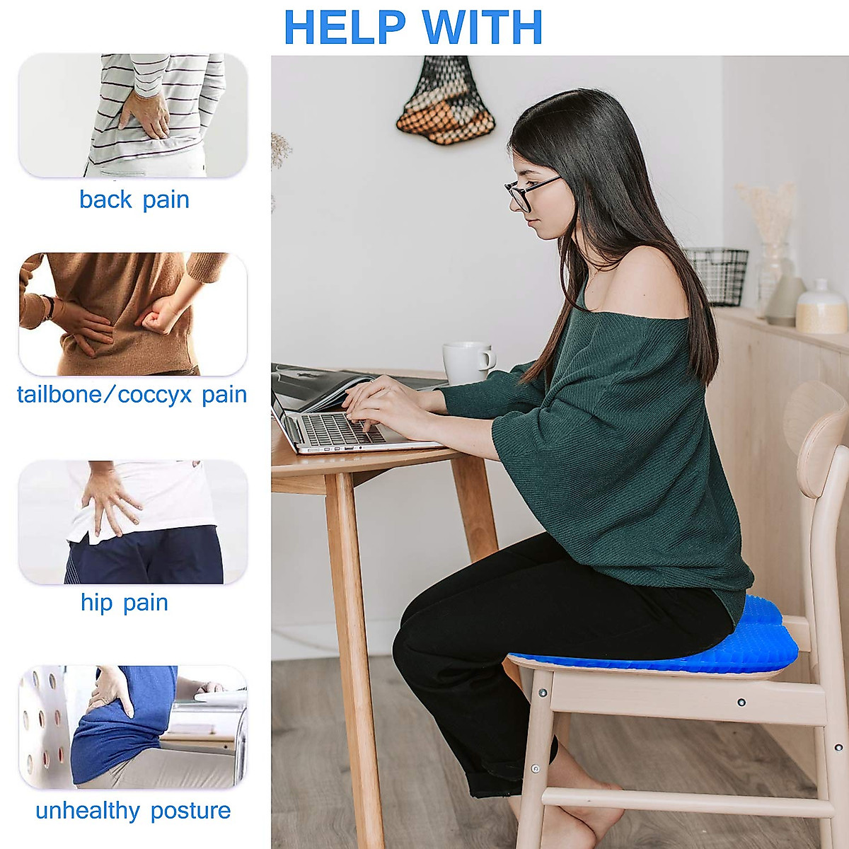 SUPTEMPO Gel Seat Cushion, Office Chair Cushion, Double Thick Breathable Honeycomb Design with 2 Non-Slip Cover, Cooling seat Cushion for Home Office Computer Desk Wheelchair to Relief Sciatica Pain