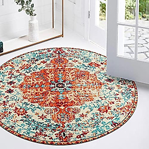Lahome Bohemian Floral Medallion Round Rug - 3Ft Oriental Distressed Small Round Area Rug Vintage Washable Entryway Foyer Mat Non-Slip Non-Shedding Low-Pile Sofa Bathroom Carpet, Orange/Multi