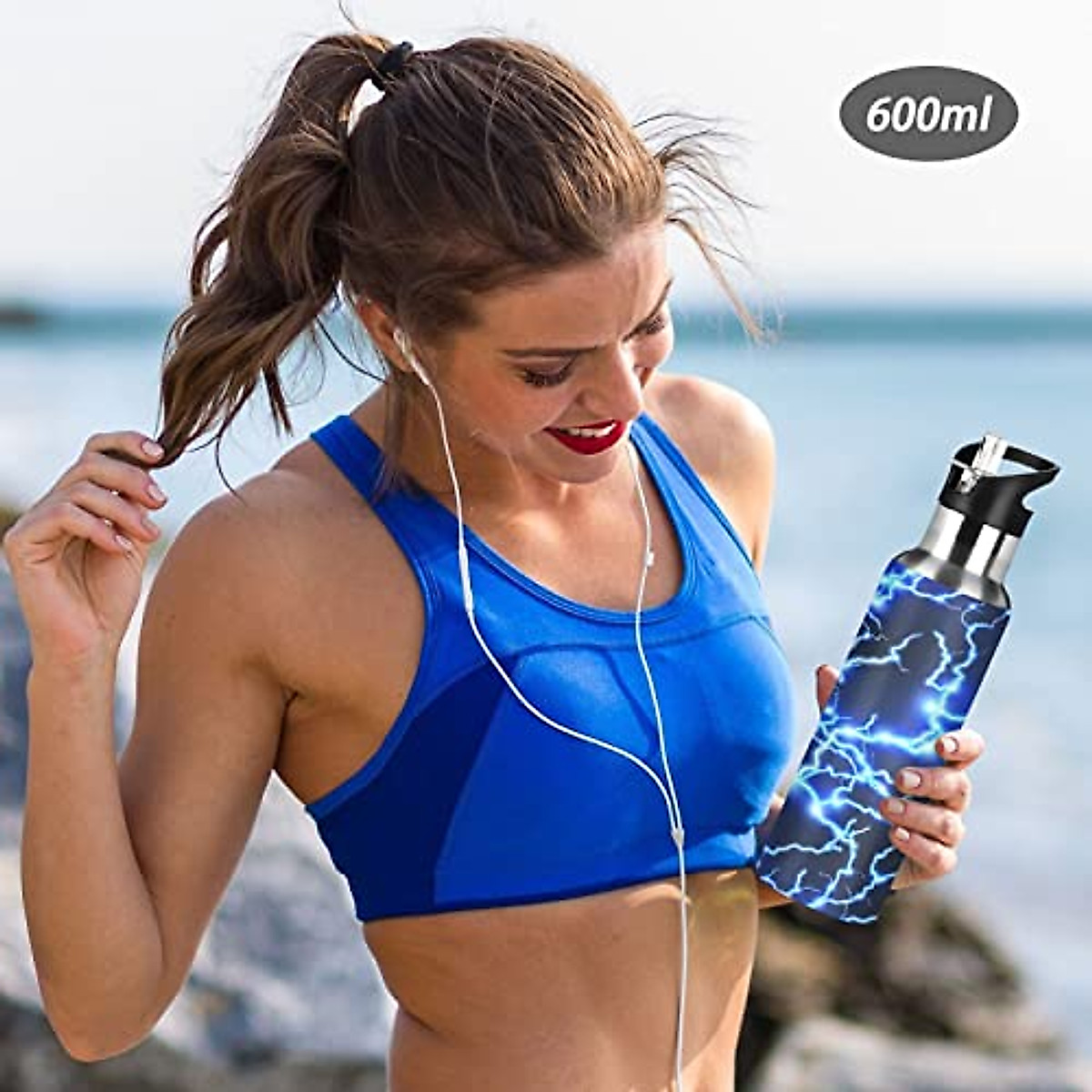 Kigai Blue Lightning Stainless Steel Sports Water Bottle BPA-Free Vacuum Insulated Leakproof Wide Mouth Flask with Straw Lid Keeps Liquids Cold or Hot for Gym Travel Camping