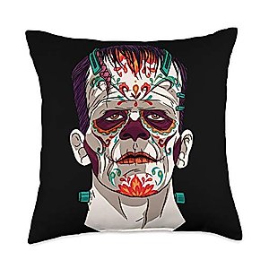 Retro Dia de los Muertos Tee Halloween Party Gift Catrina Frankenstein Sugar Skull Horror Movie Throw Pillow, 18x18, Multicolor