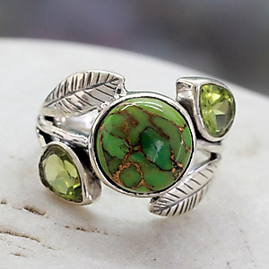 NOVICA Artisan Handmade Peridot Cocktail Ring with Composite Turquoise Sterling Silver Reconstituted Green India Greenery Leaf Tree Bollywood Birthstone [ring Front 0.7 in L x 0.6 in W x 0.3 in H Ban]