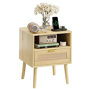 Smart FENDEE Rattan Nightstand, Boho Side Table with Drawer Open Shelf, Wood Accent Bedside End Table for Small Places, Bedroom, Natural Oak