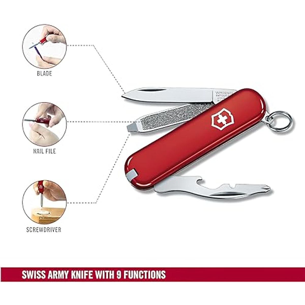 Victorinox Rally 58mm Swiss Army Knife - 9 Function Small Pocket Knife, Red