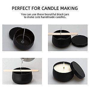 Timueetech 24 Pcs All-Black 8oz Candle Tins and 24 Pcs Wooden Candle Wick Centering Device and 32pcs Candle Label, All-Black 8oz Candle Tins Inside and Outside, Empty Candle Jars with Lids Bulk