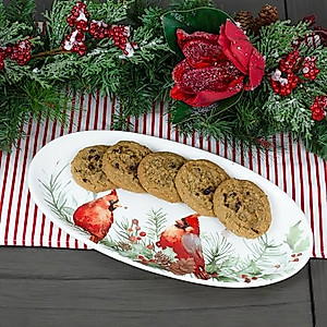 AuldHome Cardinal Ceramic Christmas Platter; Oval Holiday Serving Plate and Tray