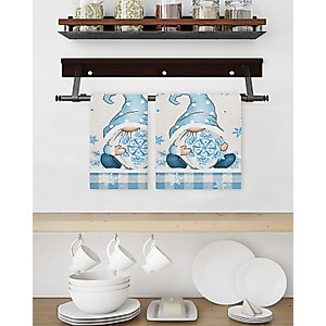 Blue Plaid Gnomes Winter Dish Towels Set, Waffle Weave Kitchen Towels Microfiber Towels Cleaning Christmas Snowflake Rustic Burlap Soft Absorbent Dish Drying Towels Hand Towels 2 Pack 15.7x23.6 In