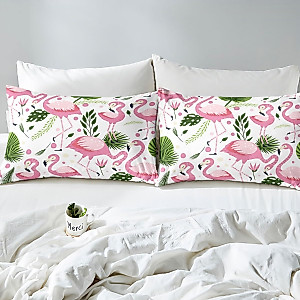 Feelyou Flamingo Bed Sheets Set Twin Size, Pink Flamingo Sheet Set for Kids Tropical Flamingo Pattern Sheets with Deep Pocket Fitted Sheet Plam Leaf Bedding Set Microfiber Bed Set