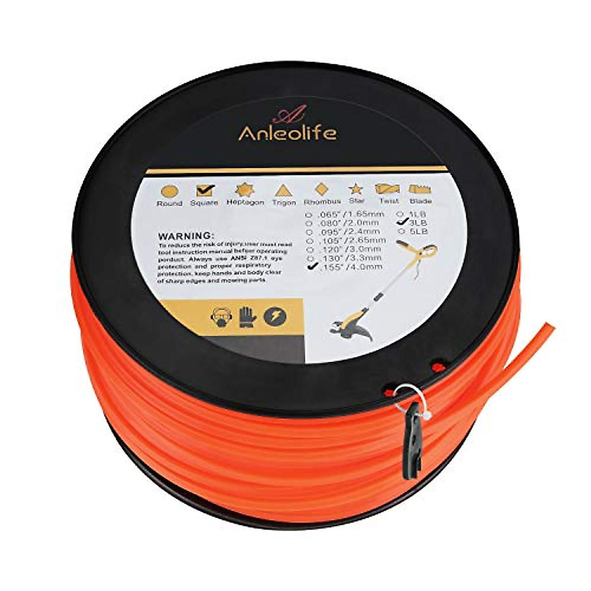 A ANLEOLIFE 3-Pound Commercial Square .155-Inch-by-280-ft String Trimmer Line in Spool,with Bonus Line Cutter, Orange