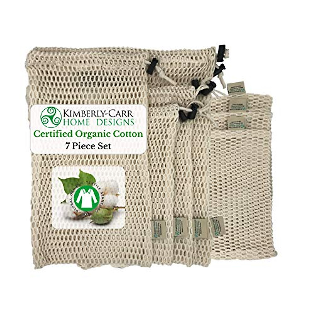 ZERO WASTE ORGANIC COTTON MESH REUSABLE PRODUCE BAG SET | Premium Washable Bags for Fresh Fruits & Vegetables | Compostable, Biodegradable | Sustainable Alternative to Plastic Bags | 4 Sizes | 7 Bags