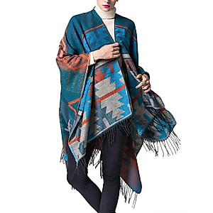 xxxiticat Women's Native American Trendy Cashmere Plaid Pattern Wrap Shawl Cardigan Poncho Cape Scarf(BE) Blue