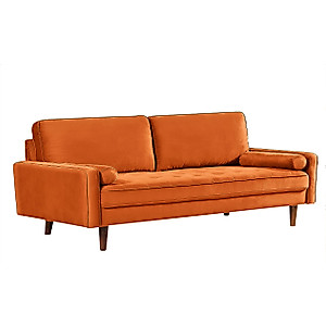 US Pride Furniture Velvet Tufted Sofa, Iconic Mid-Century Style Living Room Furniture with Contemporary Silhouette, Button Tufting and Wood Legs, Includes 2 Bolster Pillows, Couch, Orange