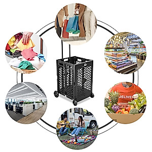 Endynino 3 PCS Foldable Rolling Crate with Wheels, Folding Heavy Duty Collapsible Basket with Telescopic Handle, 66 lbs Capacity Rolling Cart for Shopping,Travel, Laundry, Black, Large