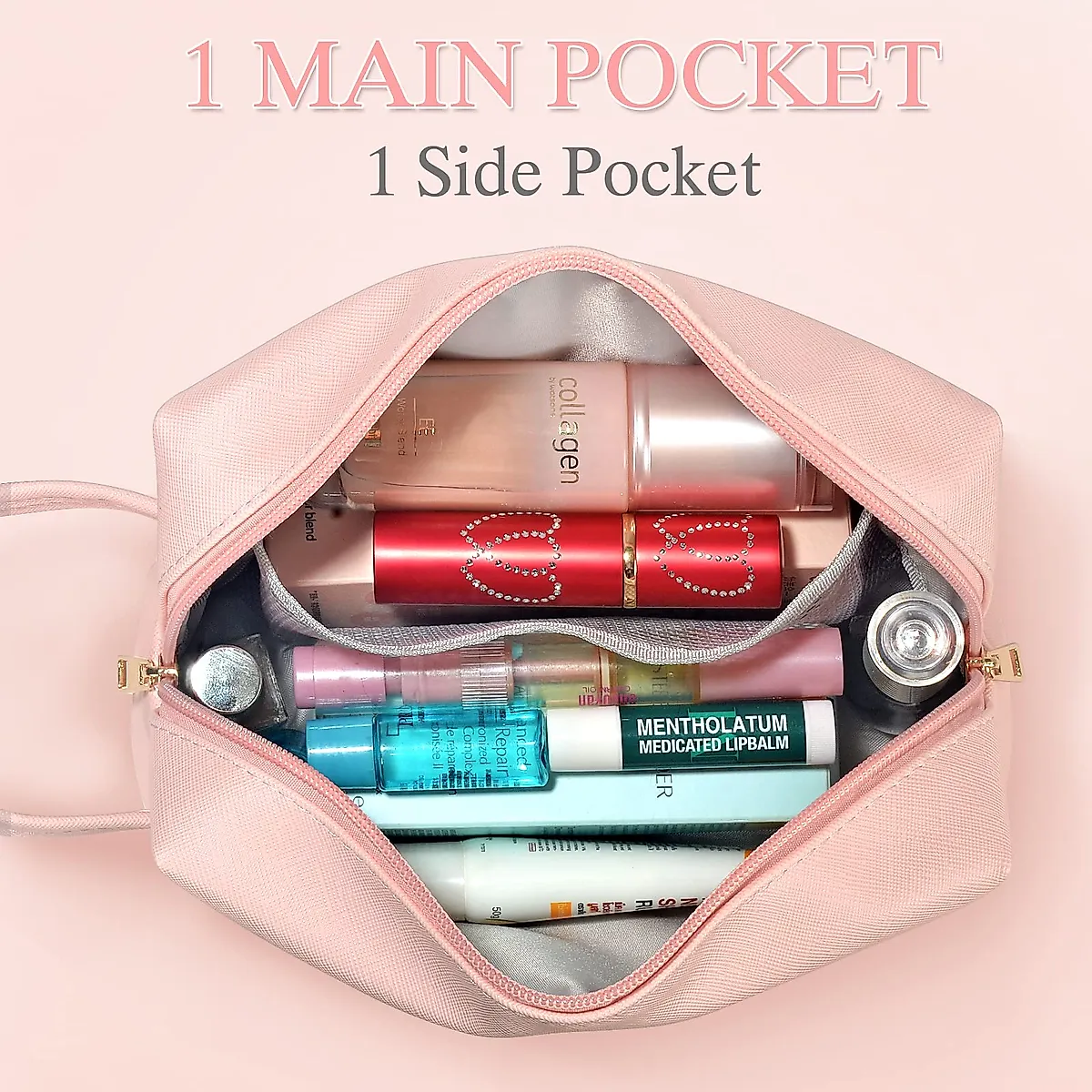 BYXEPA Makeup Bag Preppy Cosmetic Bag with Net Pocket SKIN Letter Patch Bags Waterproof Compliant Bag Case for Gift Daily Travel Use Accessories