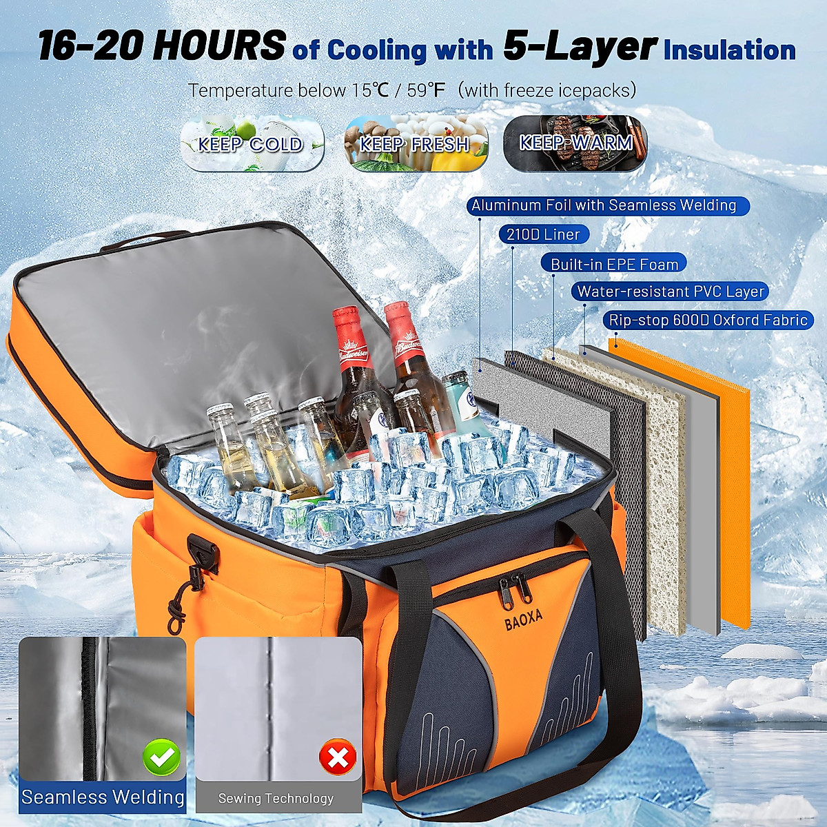 BAOXA Dual Compartment Soft Sided Cooler Bag, 55 Cans Collapsible Lunch Cooler Bags Insulated, Large Lunch Box for Men, Leak proof Lunch Bag for Beach Camping Travel Picnic (Orange)