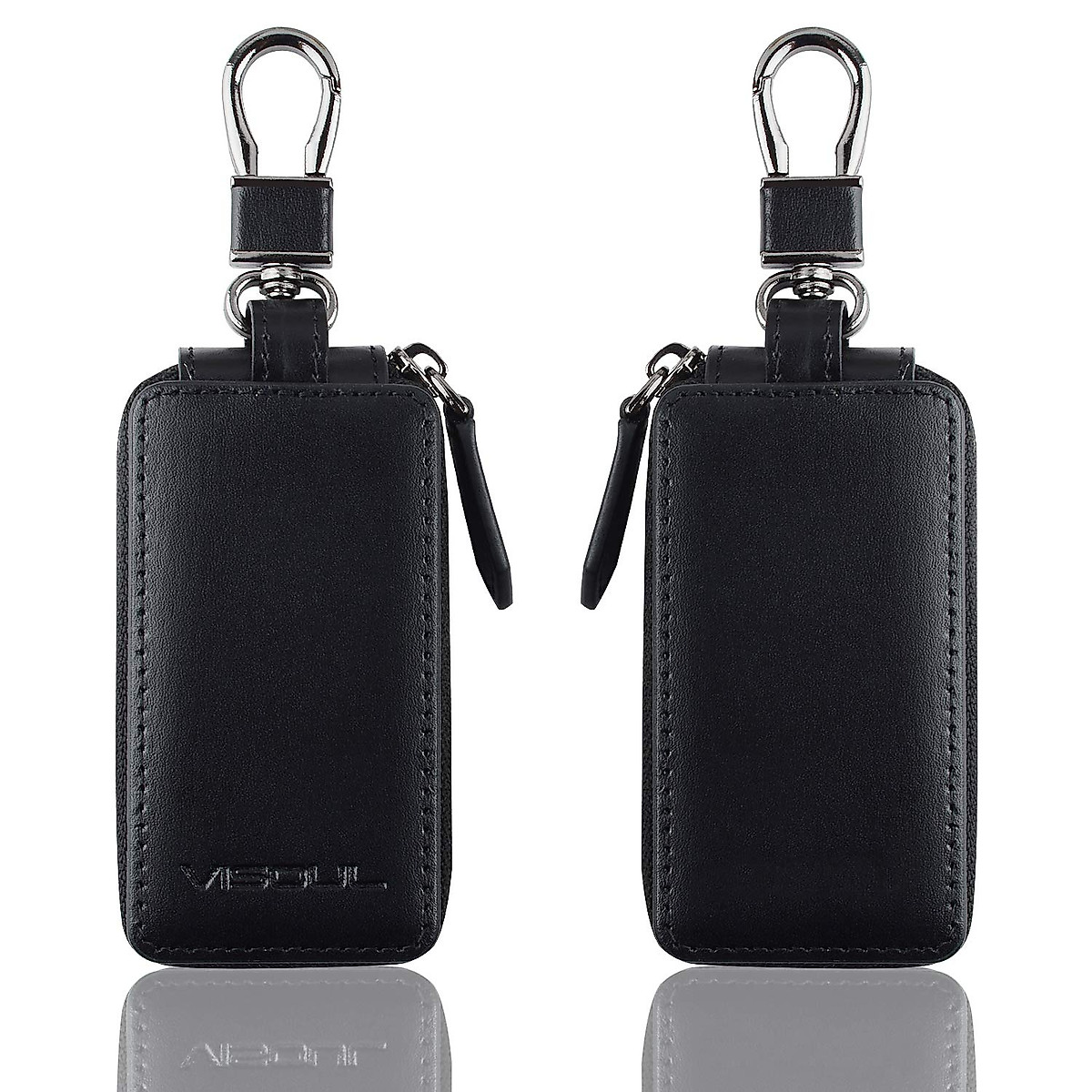 VISOUL Car Key Case, Italy Leather Car Smart Key Fob Zipper Case with Keychain and Metal Hook (A02-Black)