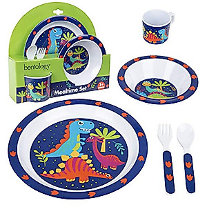 5 Pc Mealtime Baby Feeding Set for Kids and Toddlers - Includes Plate, Bowl, Cup, Fork and Spoon Utensil Flatware - Durable, Dishwasher Safe, BPA Free - Dino