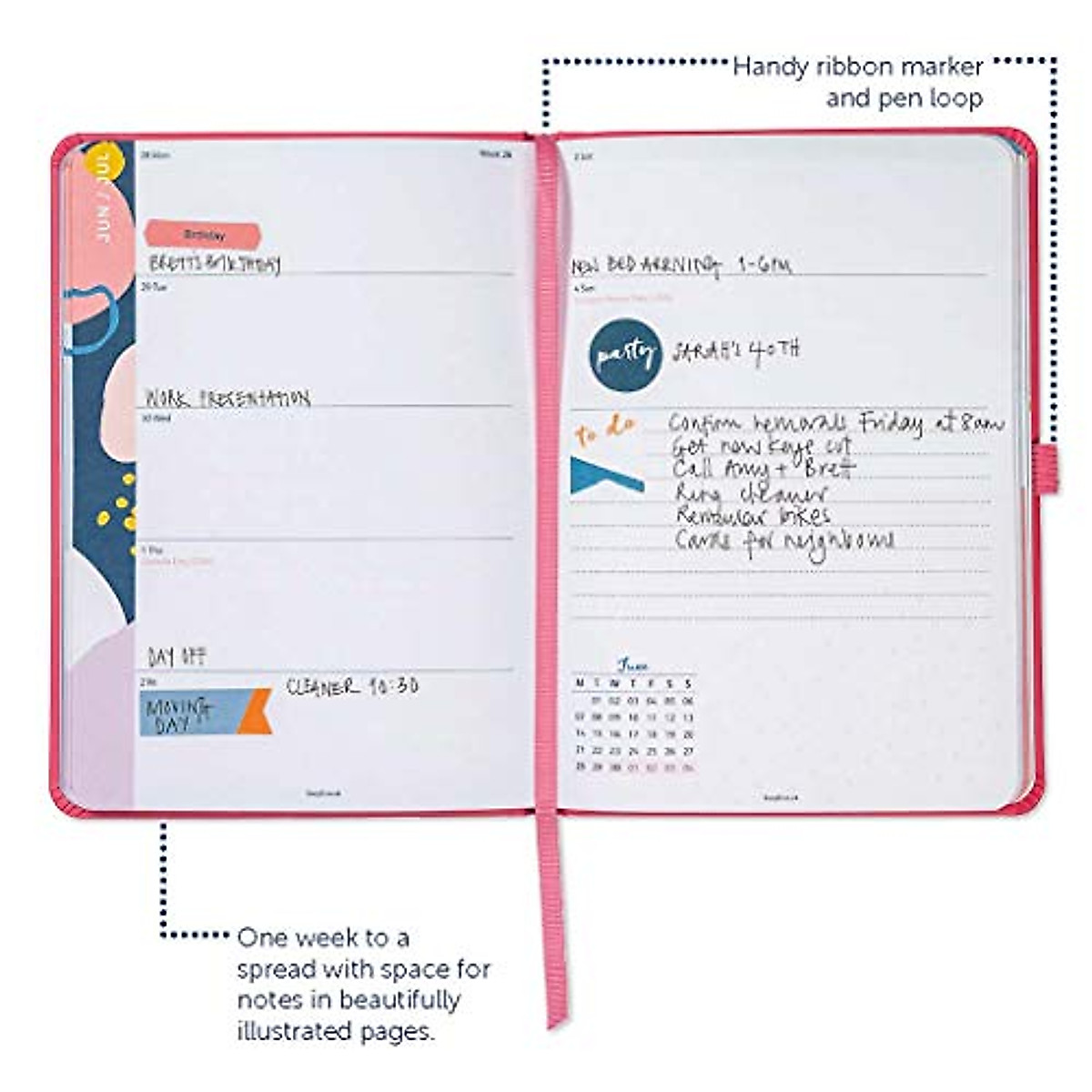 Busy B Perfect Planner A5 Week to View Diary January to December 2021 - Pink Faux Leather Week to View Planner with Stickers & Tear-Out Lists