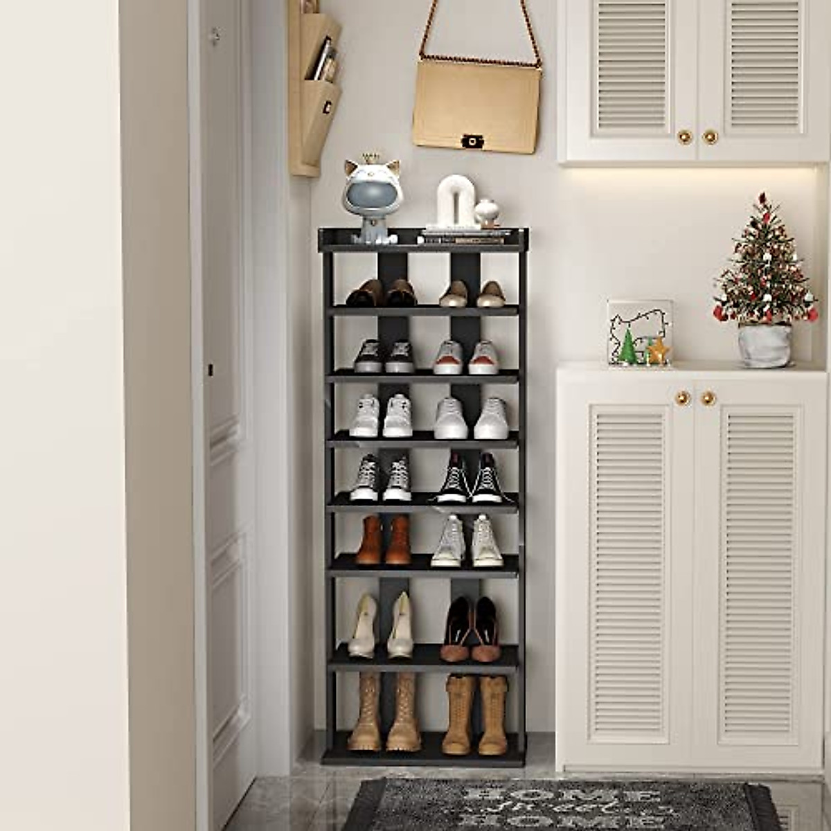 HOMEFORT 7-Tier Wood Shoe Rack, Double Rows, Black, 18" W x 11" D x 45" H