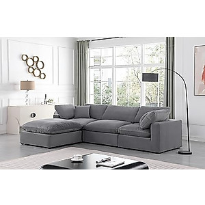 Meridian Furniture 189Grey-Sec4A Comfy Collection Modern | Contemporary Upholstered Modular Sectional, Soft Grey Velvet, Down Feather Cushions, 119" W x 79" D x 34.5" H, Grey