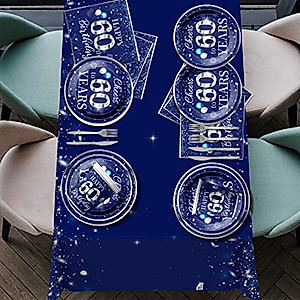 142 Pcs 60th Birthday Tableware Set Decorations Sliver and Blue 60th Happy Birthday Party Supplies for Men Women Birthday Tablecloth,Plates, Napkins, Cups,Forks and Knives
