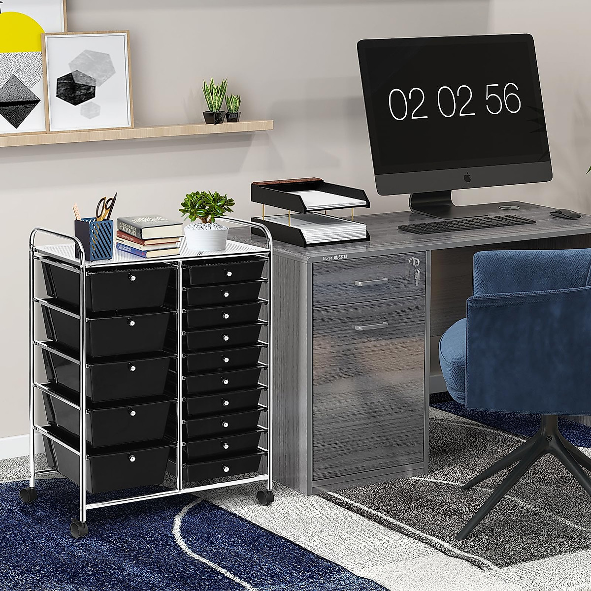 SILKYDRY 15 Drawers Rolling Storage Cart, Craft Cart Organizer with Lockable Wheels for Tools, Arts, Scrapbook, Papers, Multipurpose Utility Cart for Home Office School (Black)