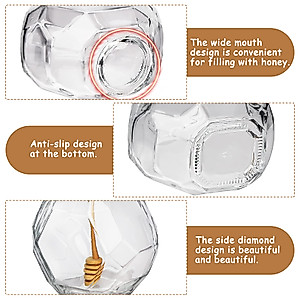 Bfttlity Honey Pot Jar Hexagon Shape Honey Pot Container 380ml Glass Honey Jar with Dipper and Lid Cover for Home Kitchen (Wooden lid)