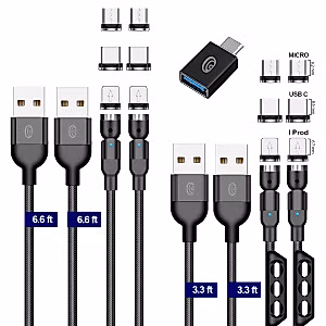 Premium Magnetic USB Cables [4 Pack] - (2 x 3.3ft and 2 x 6.6ft Cables, 1 Adapters x USB A to Type C, 2 x tip Holders, & 12 Tips) - AGG 5-Pin) Micro/Android/I Product - Fast Data & Charge - Black