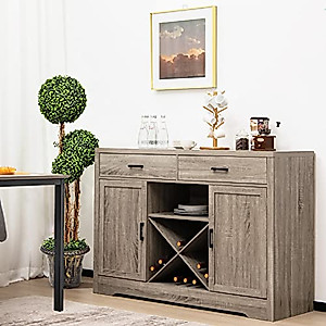 Giantex Buffet Cabinet, Farmhouse Sideboard with 2 Large Storage Drawers, Detachable Wine Rack, Wooden Kitchen Pantry Cupboard Credenza, Storage Cabinet for Living Room (Gray)