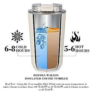 Puraville Insulated Tumblers with Lid, 14 oz Travel Coffee Mug Stainless Steel Vacuum Thermos Cup, 10/14 oz Leak Proof Reusable Double Walled Coffee Tumbler for Iced and Hot Drinks,Cream