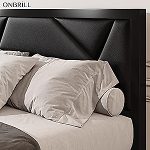 ONBRILL Full Size Modern Metal Bed Frame with Contemporary Faux Leather and Upholstered Headboard，No Box Spring Needed, Black