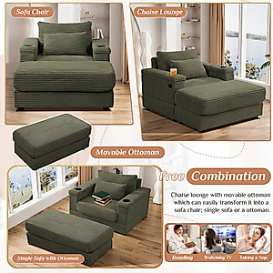 ONEMMLION Oversized Chaise Longue Chair Indoor with Ottoman, 42" W Corduroy Upholstered Modern Deep Seat Sofa Couch with USB Charging Ports&Cup Holder, Comfy Reclining Chair for Living Room, Green