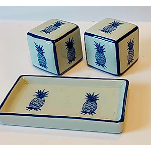 Pineapples Salt and Pepper Shakers with Tray Porcelain Blue and White