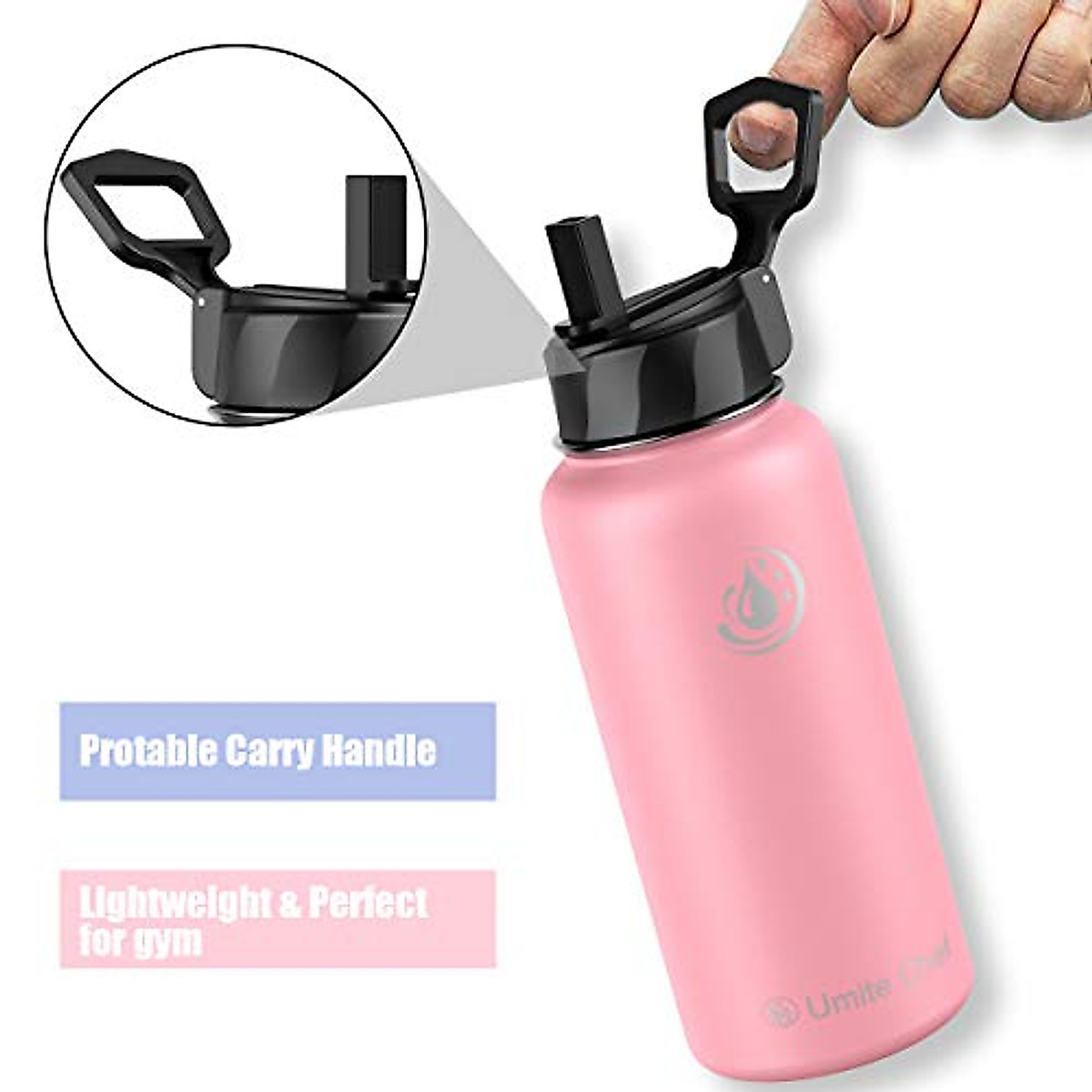Umite Chef Sports Water Bottle with New Wide Handle Straw Lid, Vacuum Insulated Stainless Steel Thermos Mug, 32 oz Double Walled Wide Mouth Water Bottle ,Leak Proof, Sweat Free (Flamingo)
