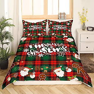 Christmas Duvet Cover Queen,Cartoon Santa Claus Snowman Bedding Set for Adult,Red Green Grid Checkered Comforter Cover,Snowman Snowflake Bells Quilt Cover with 2 Pillow Shams Bedroom Decor