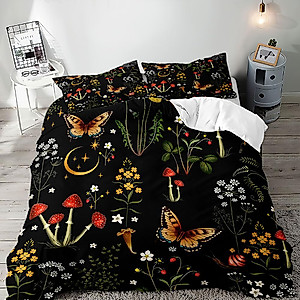 LUVIVIHOME 3PCS Black Duvet Cover Full Bedding Set, Cottagecore Boho Moon and Stars Red Mushroom Butterfly Moth Snail Wildflower Floral Plant Botanical Comforter Bedspread Quilt Cover, 2 Pillow Shams