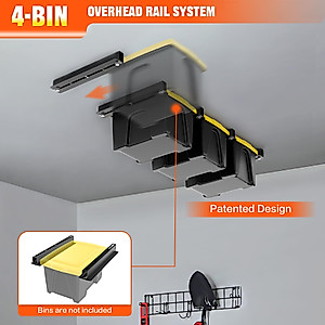 TORACK Garage 16" Studs Ceiling Bin Storage Rack, Overhead Tote Storage Rail System Heavy Duty Adjustable Tote Slide Garage Storage System(for 4 Bins, Bins are not included)