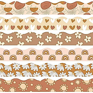 69Ft Modern Boho Bulletin Board Border Decorations Boho Straight Border Strips Retro Bulletin Board Stickers with Floral Daisy Sun and Rainbow Trim Border for Nursery Elementary School Classroom Decor