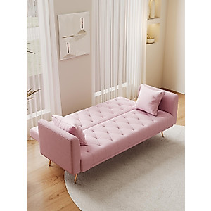TZXTW Comfy Loveseat with Adjustable backrest,Convertible Sleeper Sofa Bed with Gold Leg and 2 Pillows,Upholstered Futon Sofa,Small Couches for Small Spaces,Living Room,Bedroom,Apartment,Office,Pink