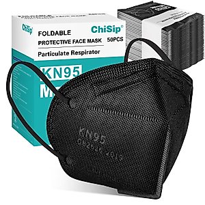 ChiSip Kn95 Face Masks 50 pack, Individually Wrapped Cup Dust Safety Masks 5 Layer Protection Mask for Adult, Men, Women, Indoor, Outdoor Use, Black