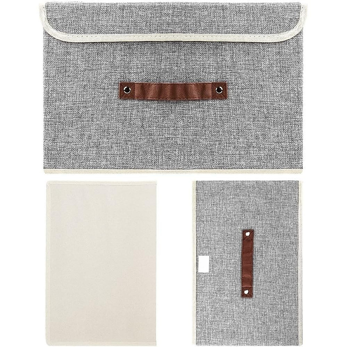 Calonge Storage Bin with Lid Storage Boxes with PU Leather Handles Decorative Foldable Lidded Cotton Linen Fabric Home Container with Flip-Top Lid & Handles, Clothes Blanket Box