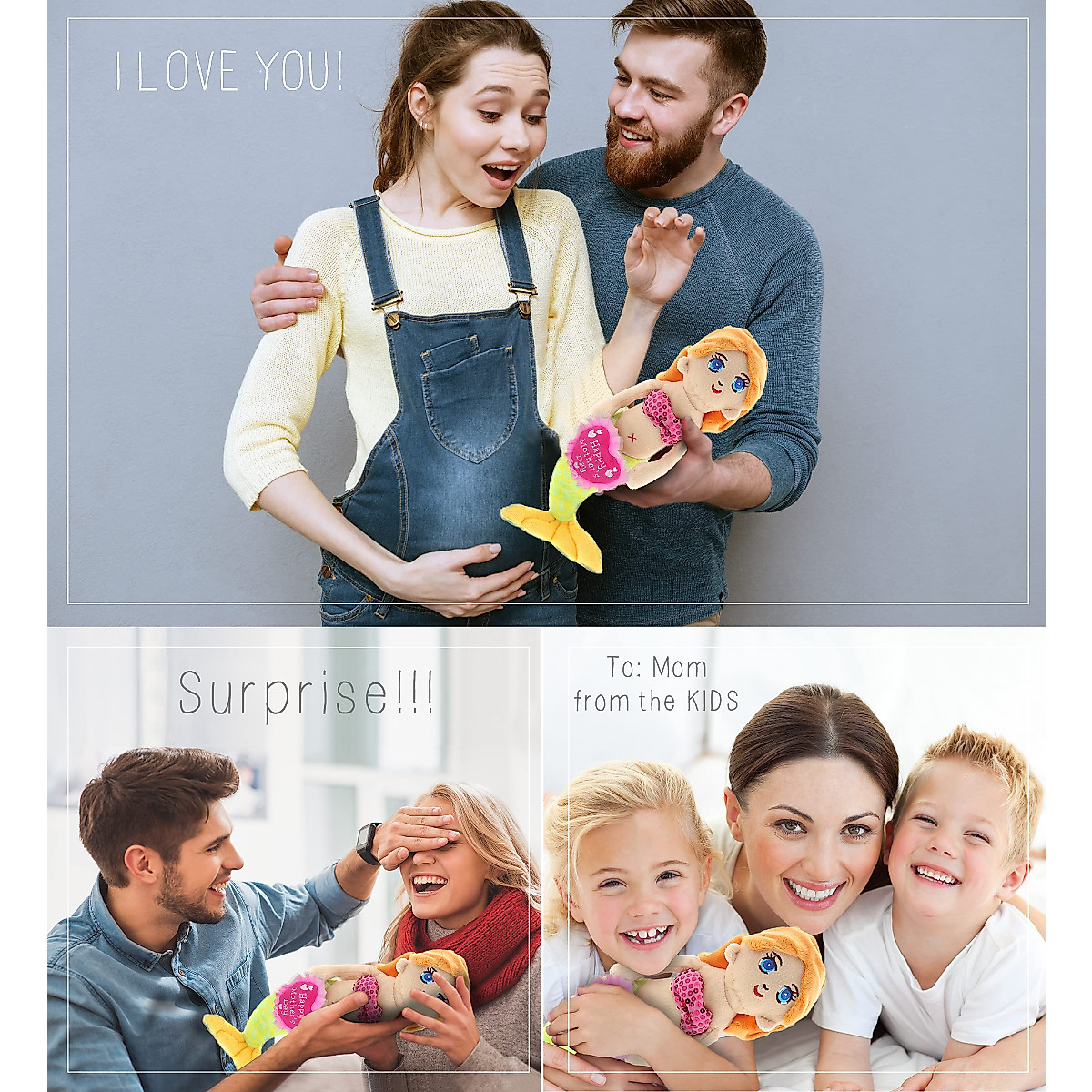 DolliBu Happy Mother's Day Super Soft Plush Green Mermaid Doll Figure - Cute Stuffed Animal with Pink Heart Message for Best Mommy, Grandma, Wife, Daughter - 14" Inches