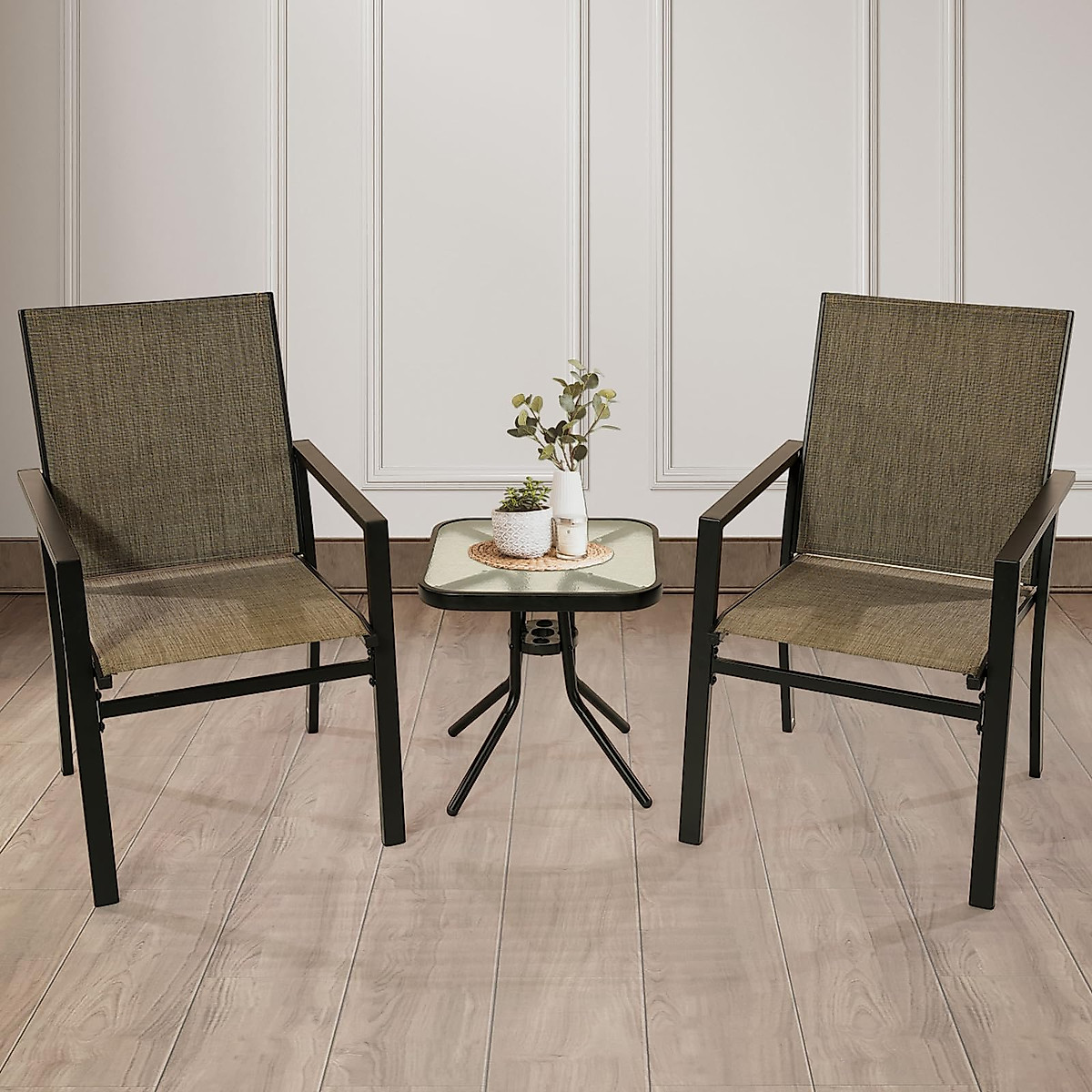 JRBIAOGE 3 Pieces Patio Furniture Set, Outdoor Garden Patio Conversation Sets with Glass Top Table & 2 Lawn Chairs Outdoor Bistro Set, for Backyard Lawn Porch Garden Poolside Balcony